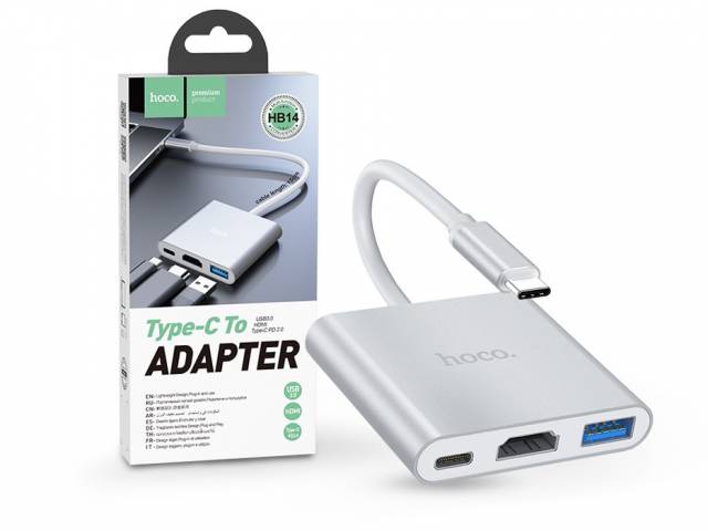 HOCO USB Type-C elosztó HUB - USB 3.0 + HDMI + Type-C PD 2.0 - HOCO HB14 Type-C to 3in1 Adapter ...