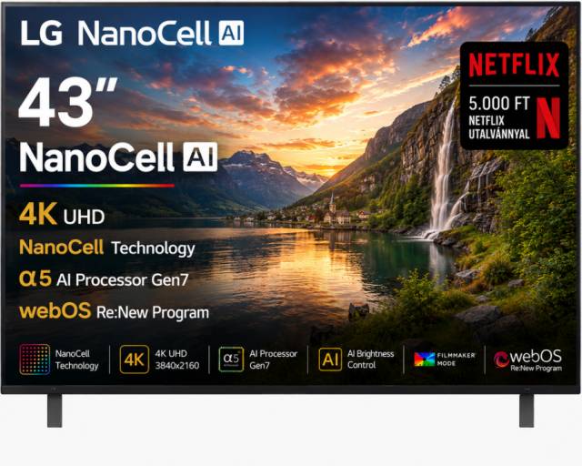 LG 43" UHD 4K LED AI Okos TV, 108 cm képátló, 60 Hz, Wifi, HDMI, Falra ...